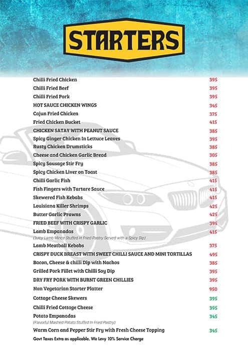 Menu of Garage Inc., Green Park, New Delhi