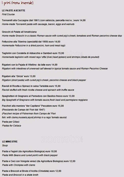 Menu da Sora Lella ristorante, Roma, Via di Ponte Quattro capi