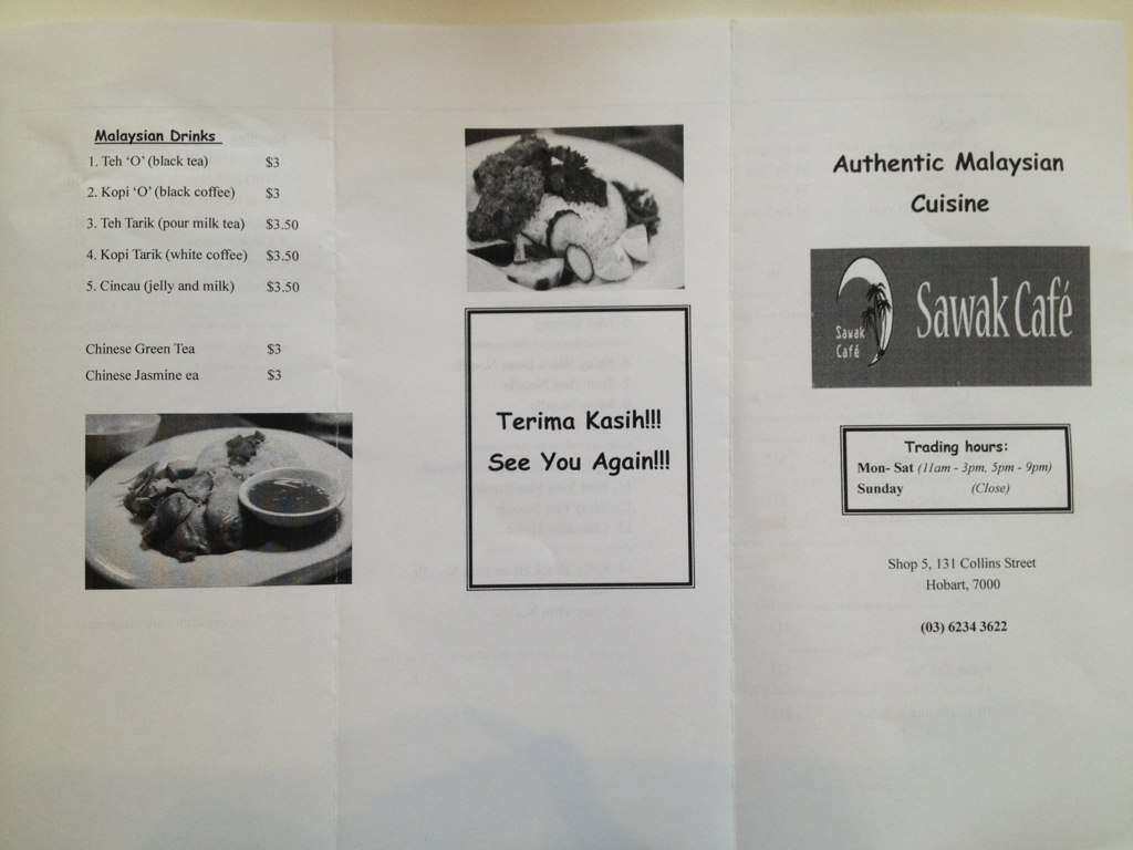 Menu at Sawak Cafe, Hobart