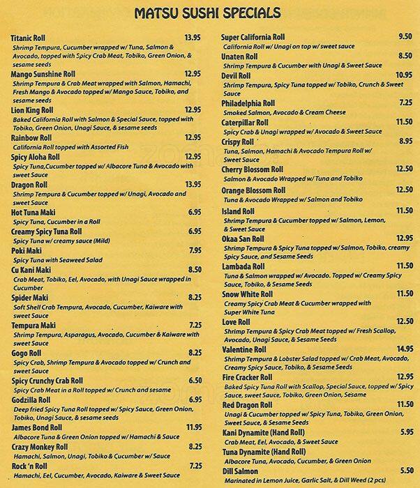 Menu at Matsu Sushi restaurant, Dublin