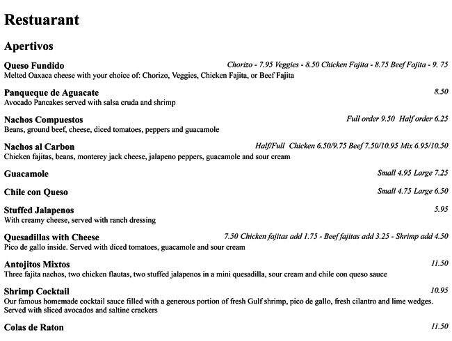 Menu at Alicia's Mexican Grill restaurant, Katy, Katy Fwy