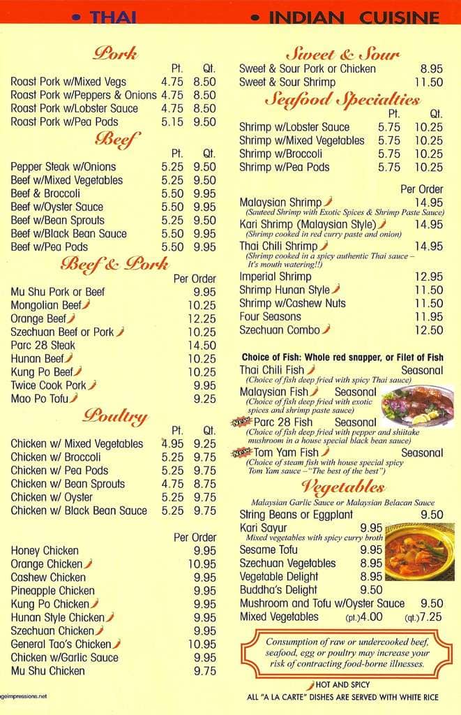 Menu at Parc 28 restaurant, Weston