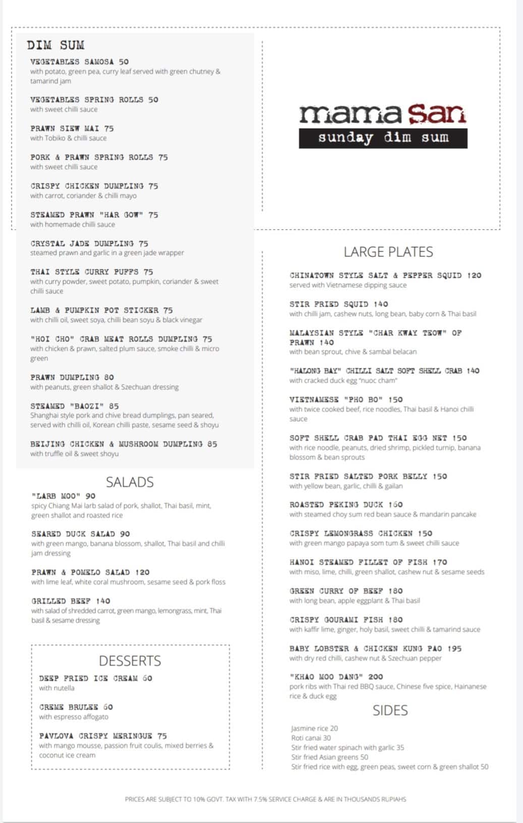 Menu at Mamasan Bali restaurant, Mengwi