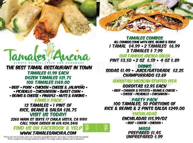 Tamales Ancira Menu, Menu for Tamales Ancira, Chula Vista, San Diego ...
