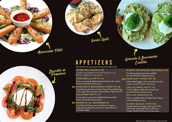 Menu at Russo's New York Pizzeria, Dubai, Springs Souq - Al Asayel St