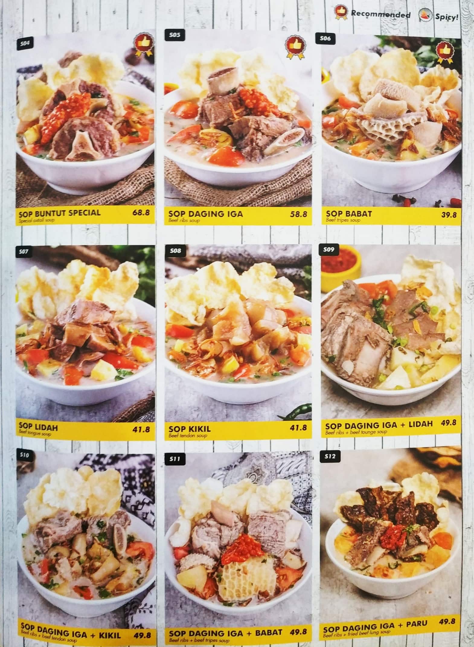 Menu at Sop Buntut Cah Yo restaurant, Bogor