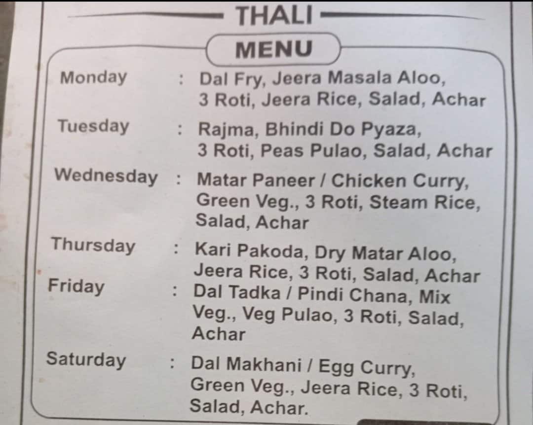 Menu of Tiffin Service, Sainik Farms, New Delhi