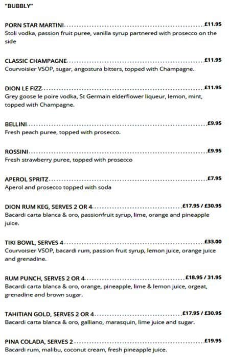 Menu at dion bar & restaurant, London