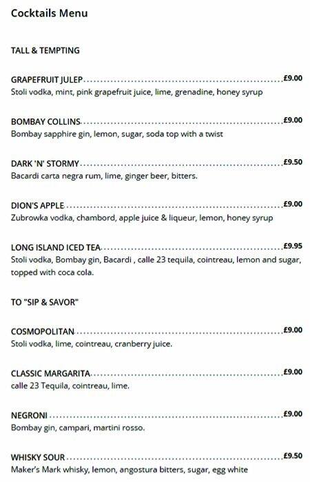 Menu at dion bar & restaurant, London