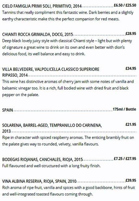 Menu at dion bar & restaurant, London