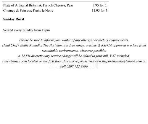 Menu at The Portman pub & bar, London, 51 Upper Berkeley St