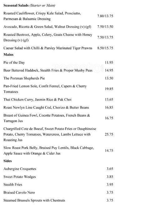 Menu at The Portman pub & bar, London, 51 Upper Berkeley St