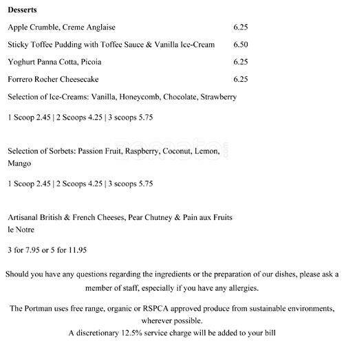 Menu at The Portman pub & bar, London, 51 Upper Berkeley St