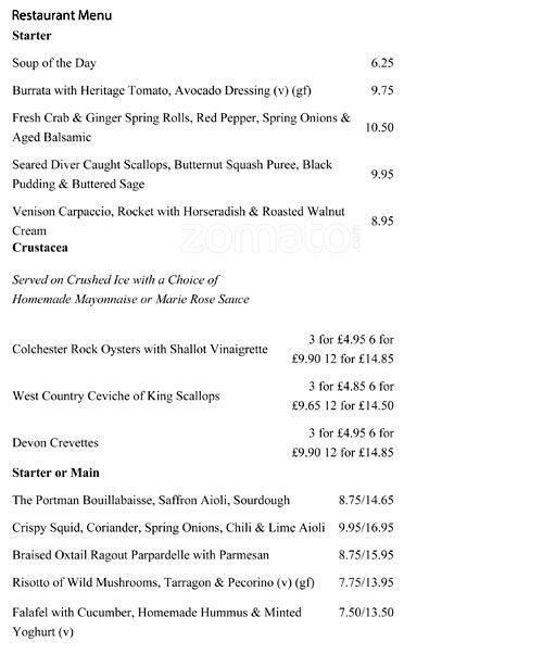 Menu at The Portman pub & bar, London, 51 Upper Berkeley St