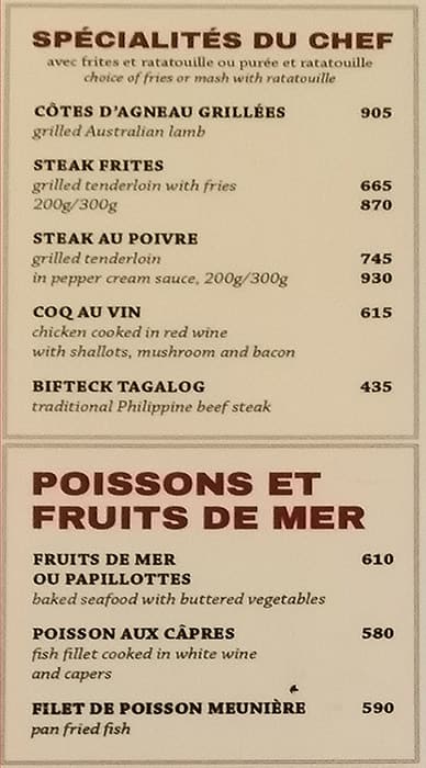 Menu at Le Coude Rouge restaurant, Makati