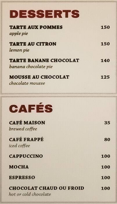 Menu at Le Coude Rouge restaurant, Makati