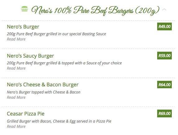 Menu at Little Nero's Restaurant, Boksburg