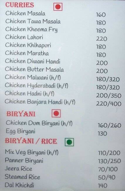 Menu at Royal Baba's Garden, Pune