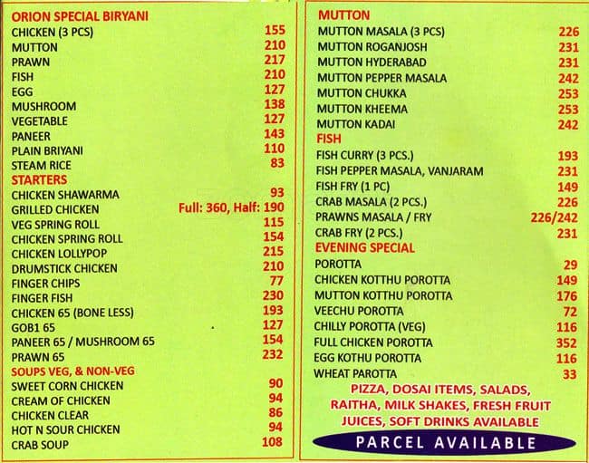 Orion Menu, Menu for Orion, Madipakkam, Chennai - Zomato