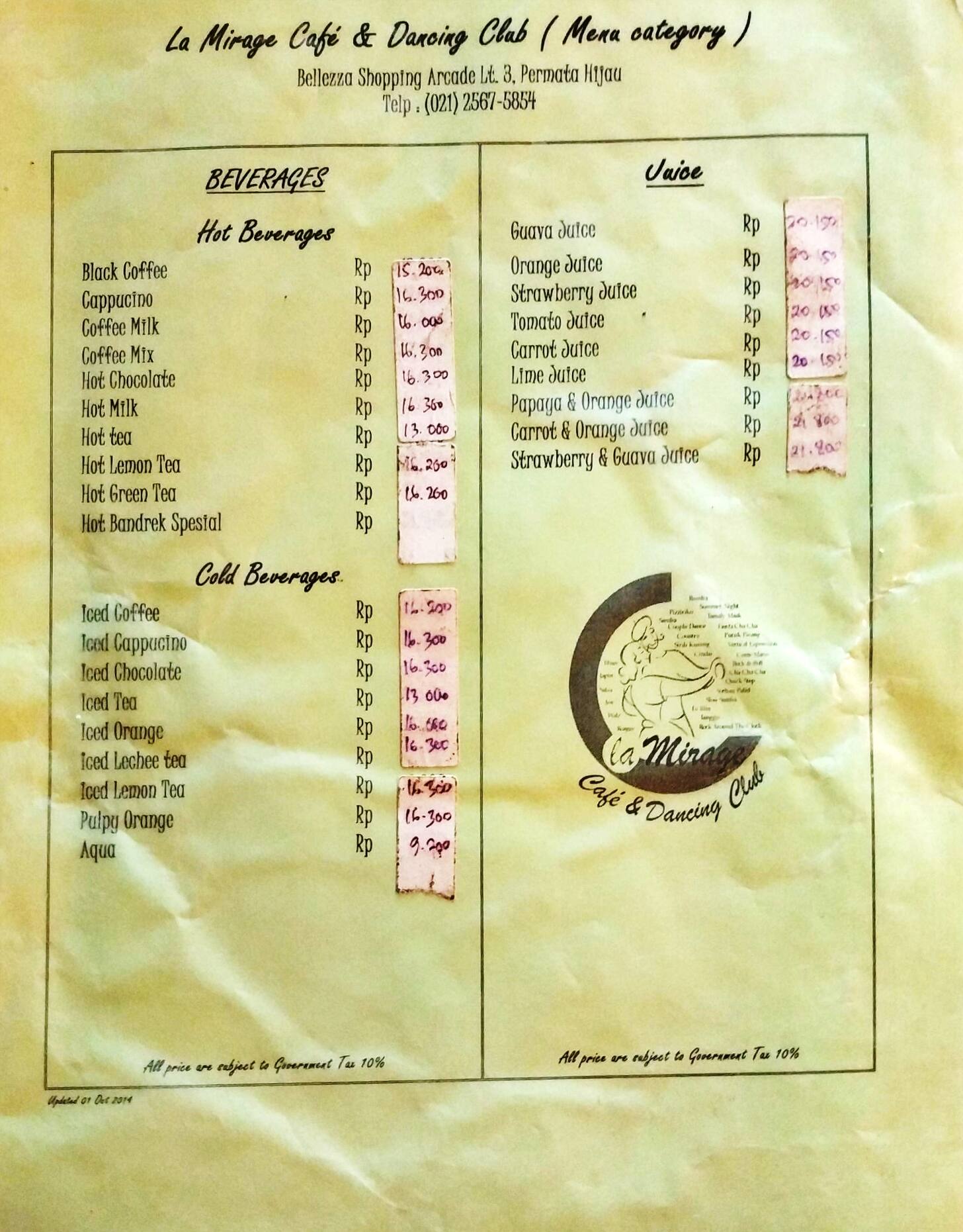 Carta de La Mirage Cafe, South Jakarta