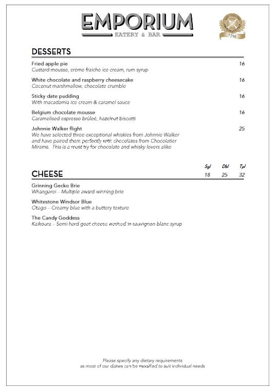 Menu at Emporium Eatery & Bar, Napier