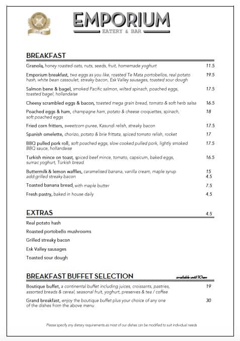 Menu at Emporium Eatery & Bar, Napier