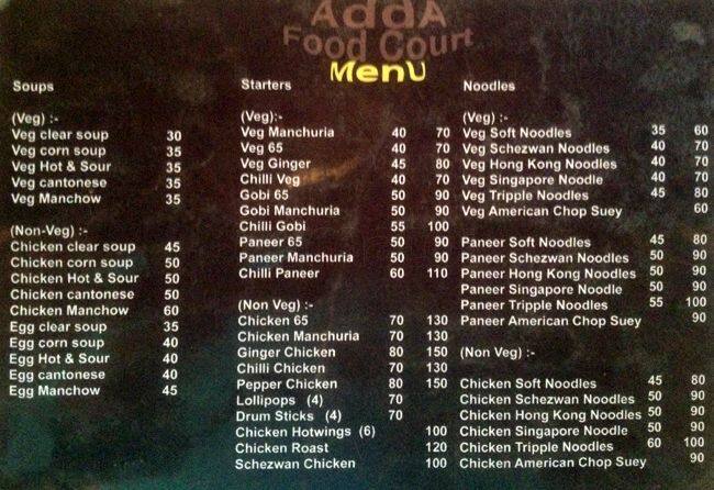 Menu at Adda Food Court, Secunderabad