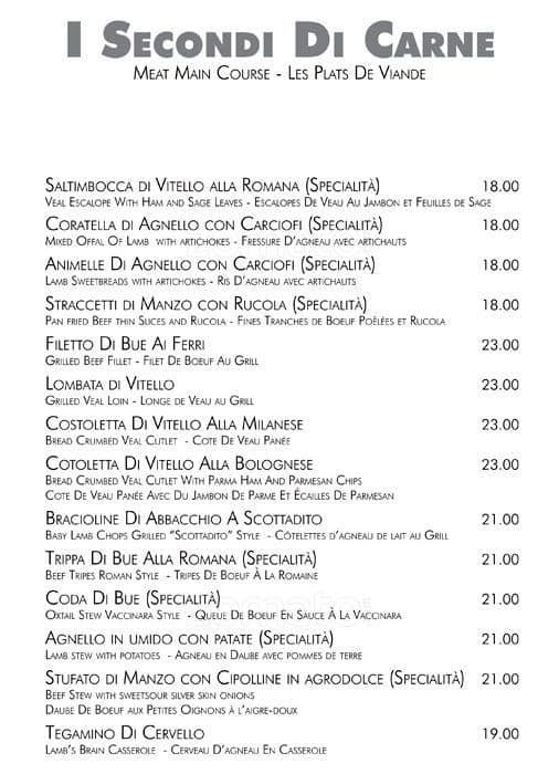 Menu at Piperno Restaurant, Rome