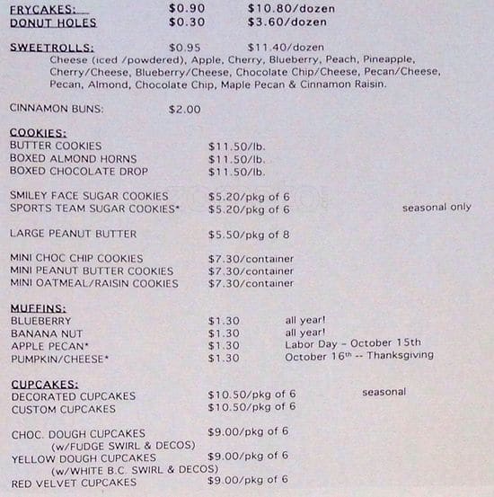 Menu at Weber's Bakery, Chicago