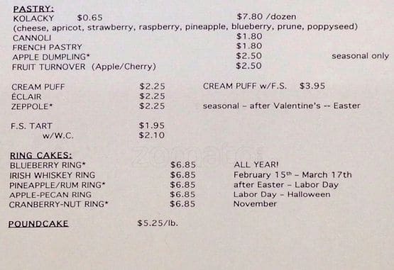 Menu at Weber's Bakery, Chicago