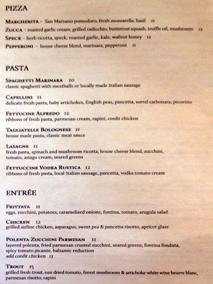 Menu at Zucca restaurant, Louisville