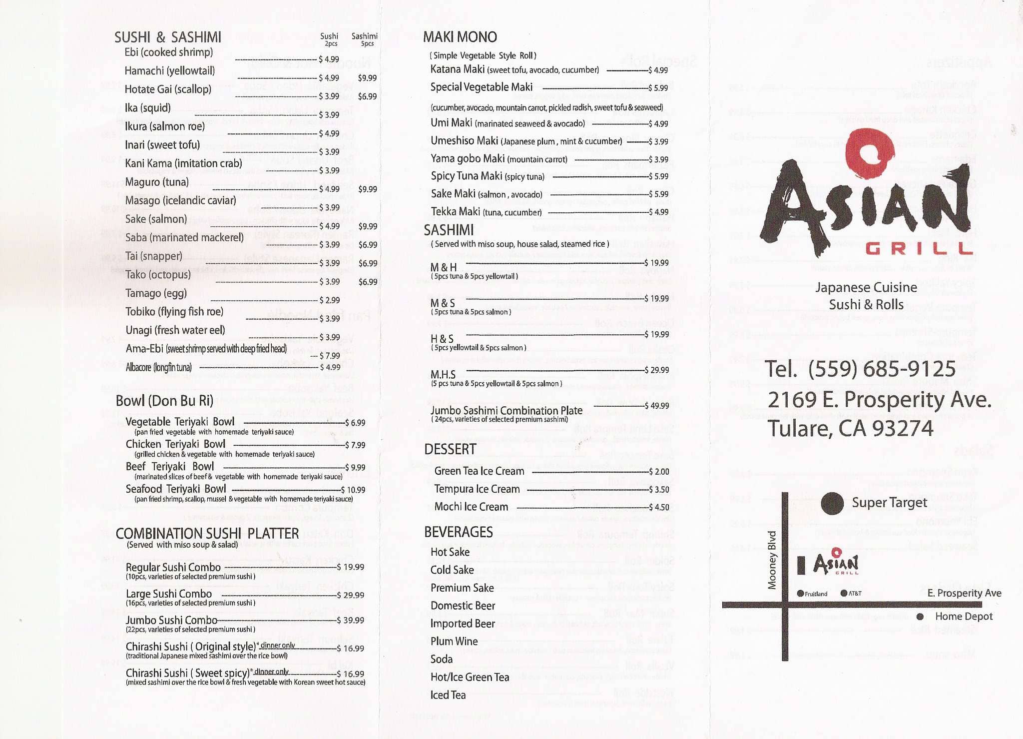 Menu at Asian Grill restaurant, Tulare