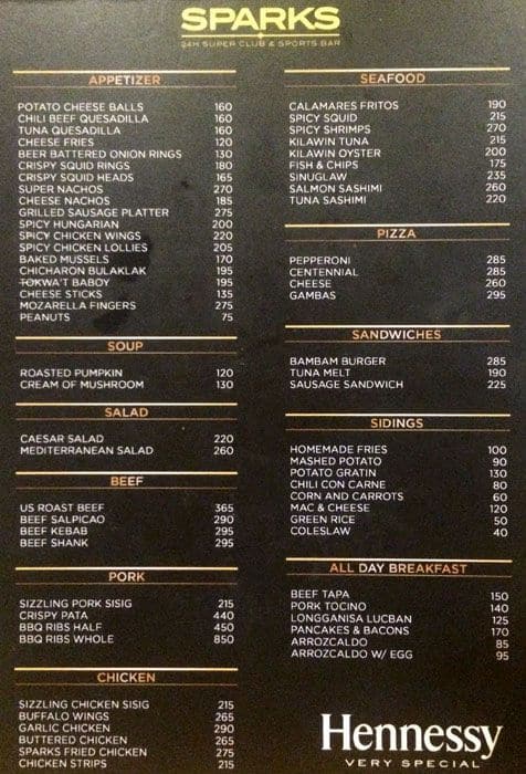 Menu at Sparks Malate Club & Sports Bar, Manila