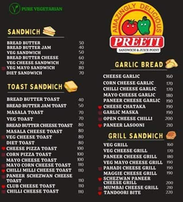 Menu of Preeti Sandwich And Juice Centre, Manpada, Thane West, Thane