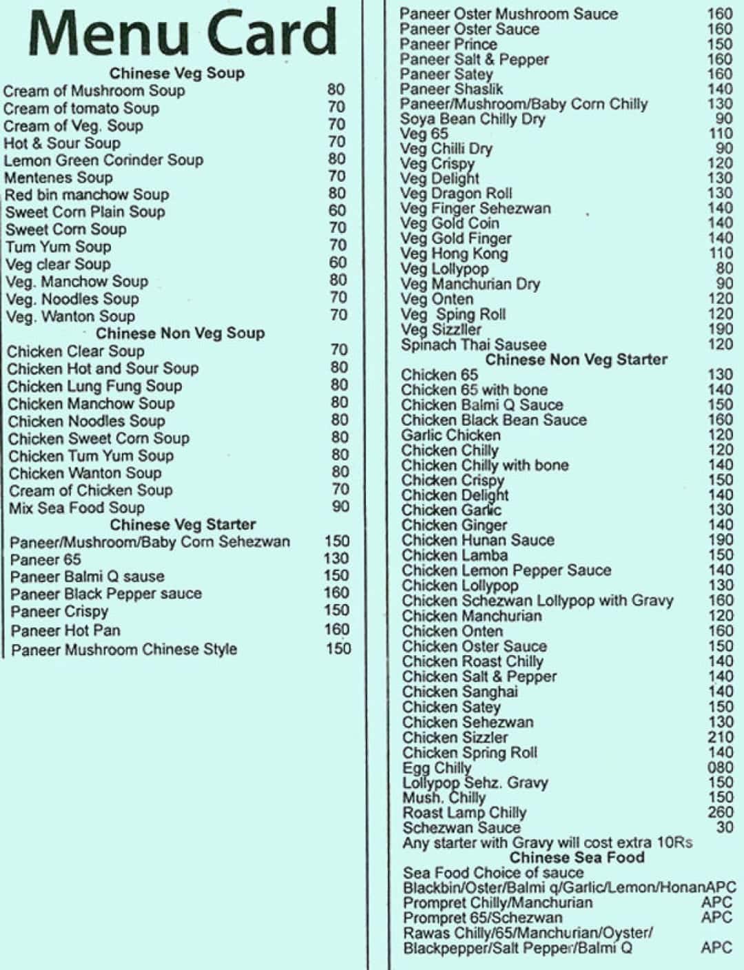 Menu at Hotel Raj Palace, Gwalior
