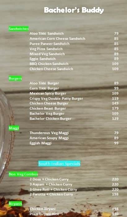 Menu of Bachelor's Buddy, Koramangala 2nd Block, Bangalore