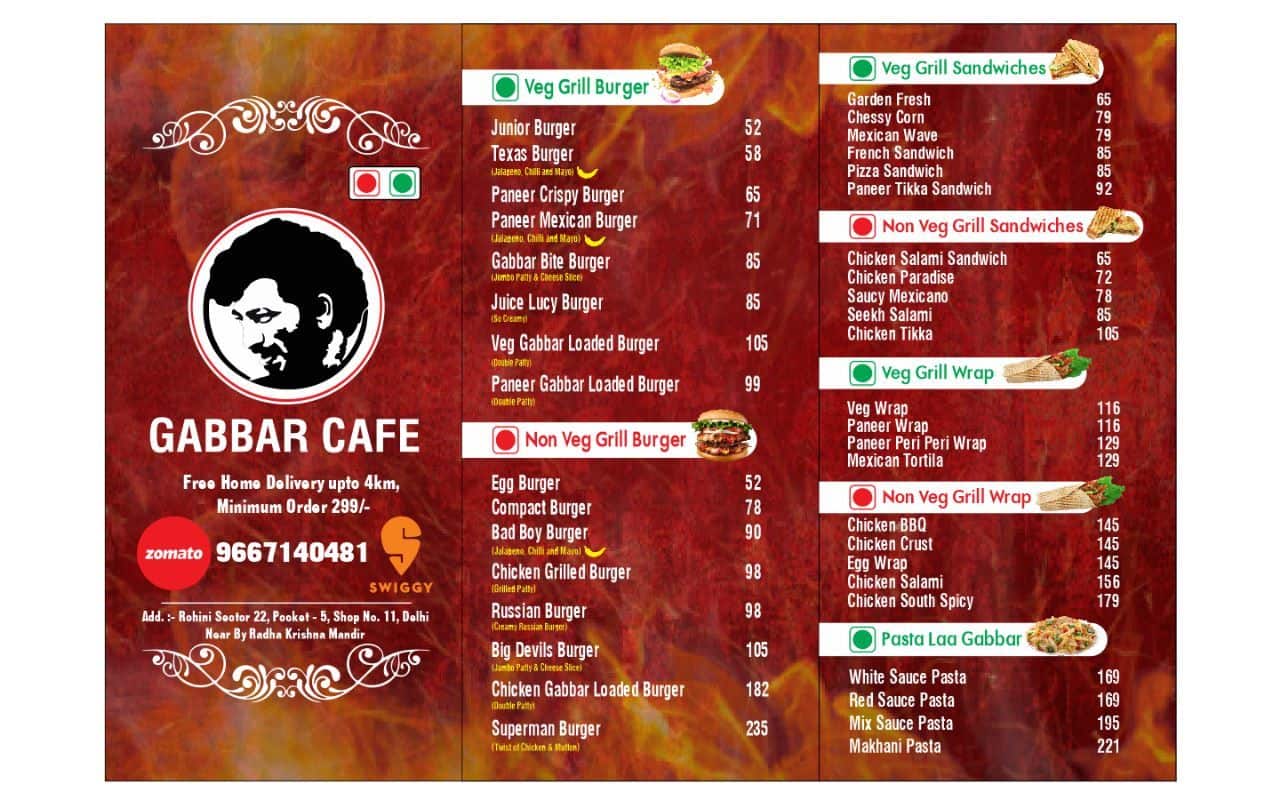 Menu of Gabbar Cafe, Rohini, New Delhi