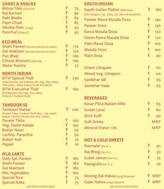 BTW Menu, Menu for BTW, Jasola, New Delhi - Zomato