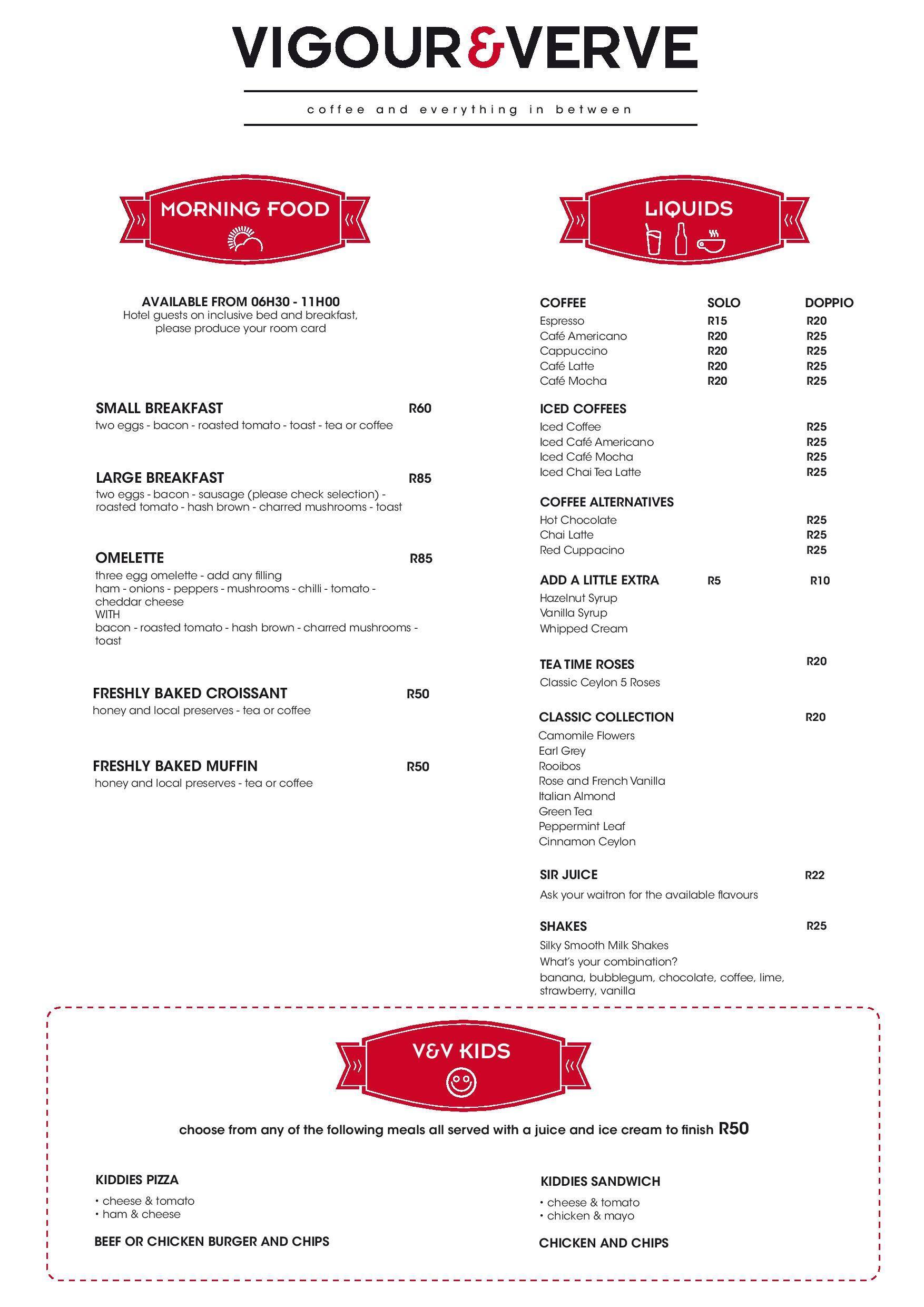 Speisekarte von Vigour & Verve Gold Reef City restaurant, Johannesburg