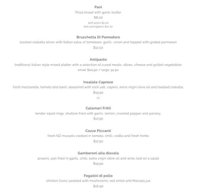 Menu at Botticelli Restaurant, Auckland