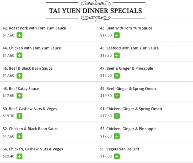 Menu at Tai Yuen Takeaway restaurant, Kumeu