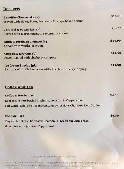 Carta del restaurante Grand Mercure Wellington, Wellington