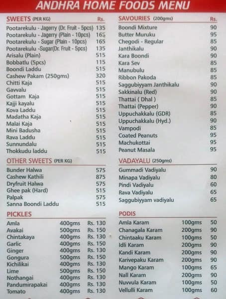 Menu of Amaravathi Andhra Home Foods, Akkarai, Chennai