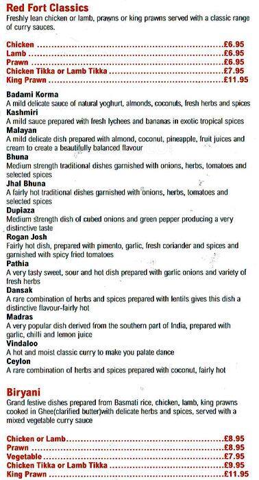 Menu at Red Fort fast food, Edinburgh