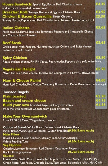 Menu at La Pausa Caffe cafe, Dublin