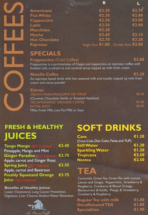 Menu at La Pausa Caffe cafe, Dublin