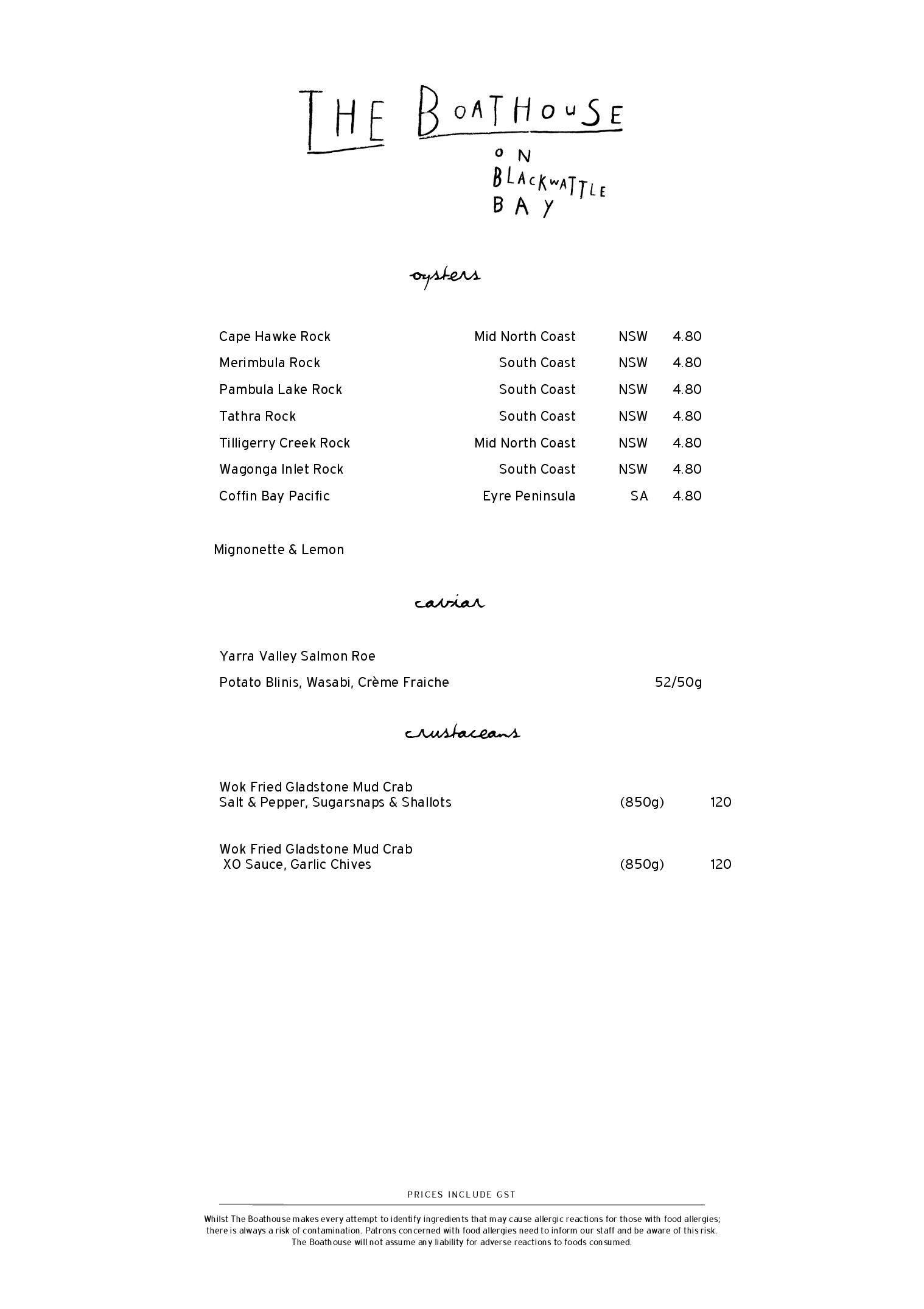 Menu at The Boathouse on Blackwattle Bay restaurant, Glebe