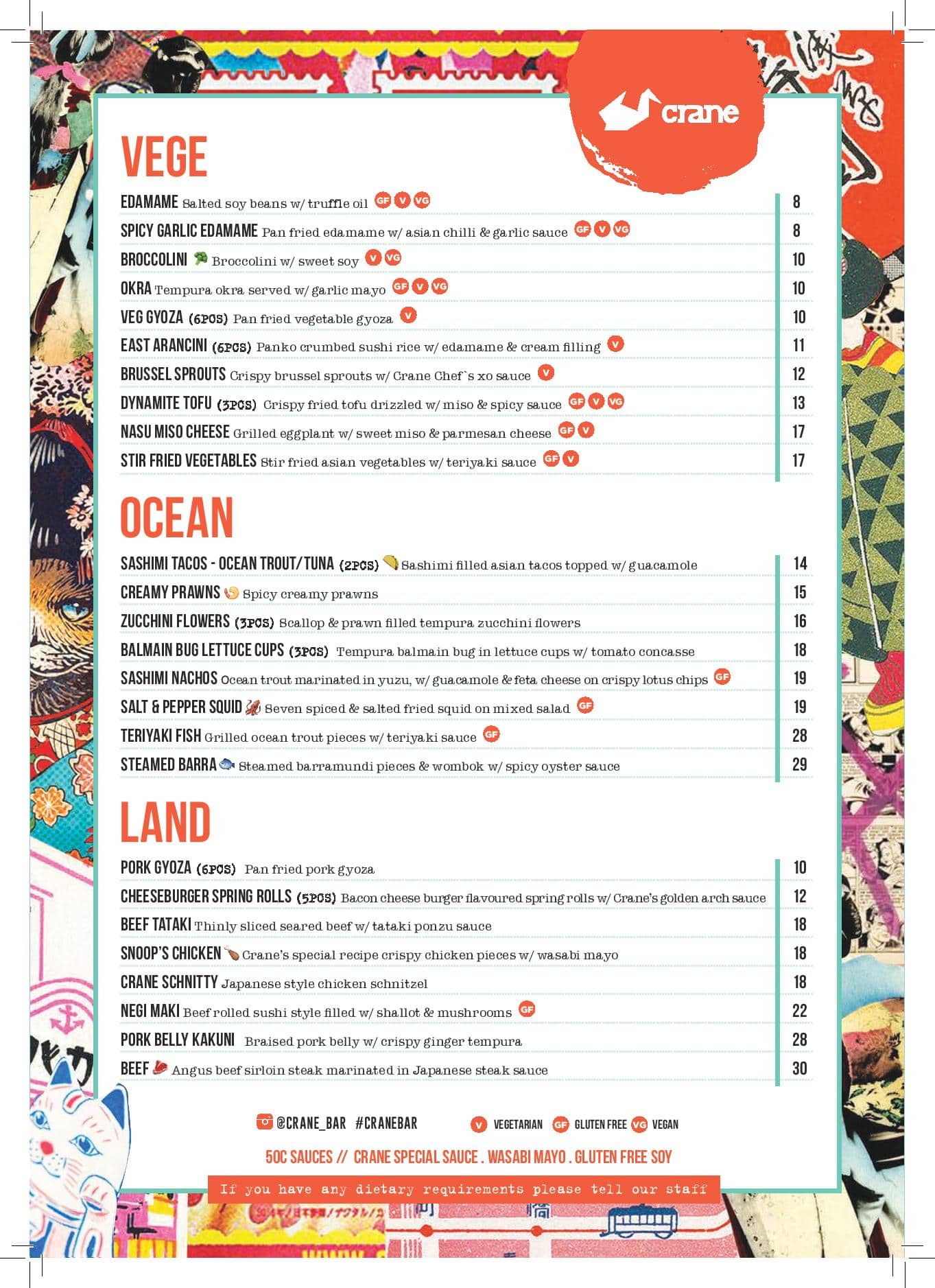 Menu at Crane Bar Sydney, Potts Point