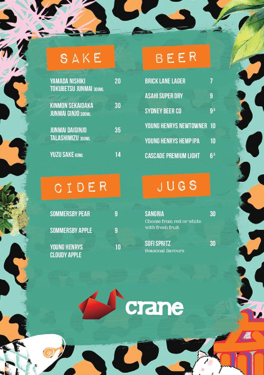 Menu at Crane Bar Sydney, Potts Point