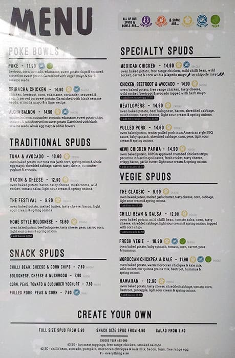 Menu at SpudBAR, South Yarra, 590 Chapel St